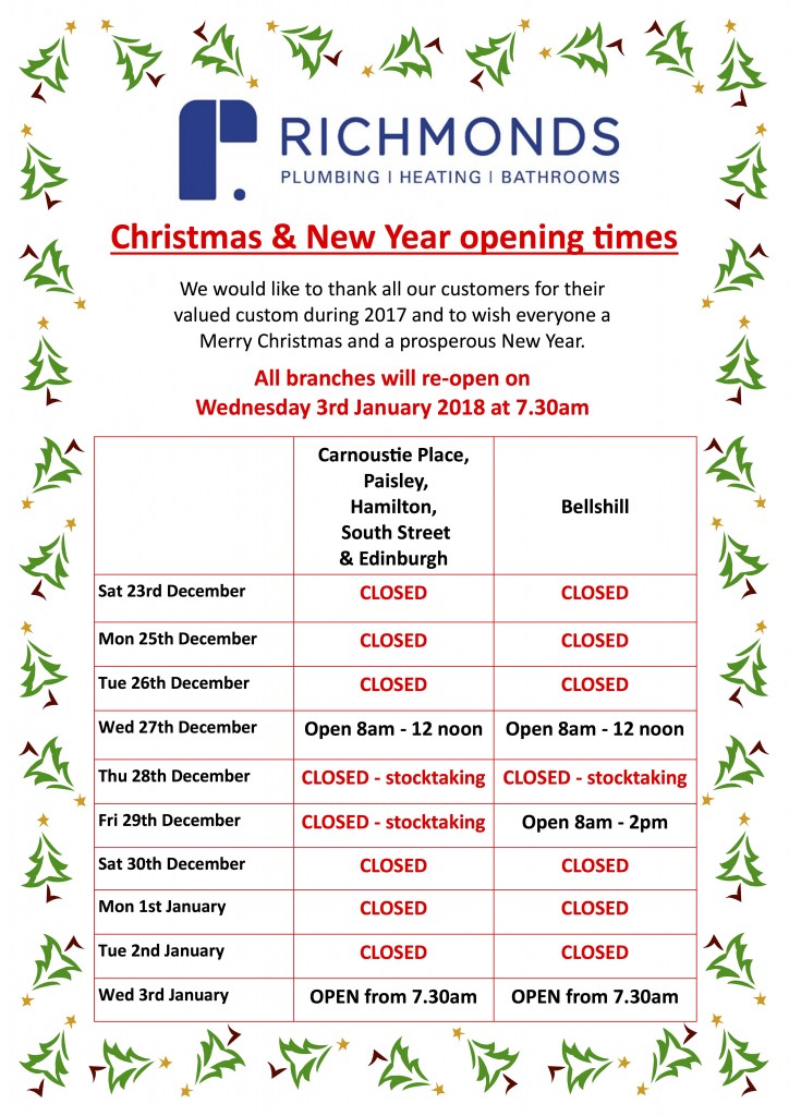 Festive Opening Hours 2017 – Richmonds
